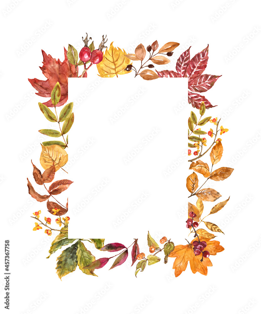 Fall rectangle frame on white background. Watercolor colorful leaves ...