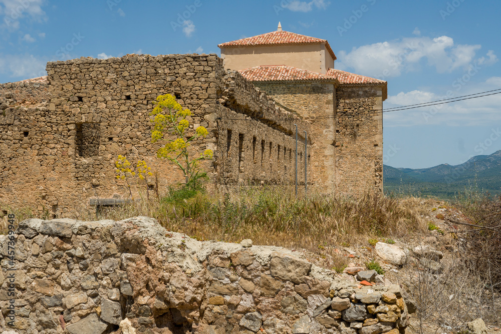 The historic town of Moya on hill during the flowering of the ferula ...