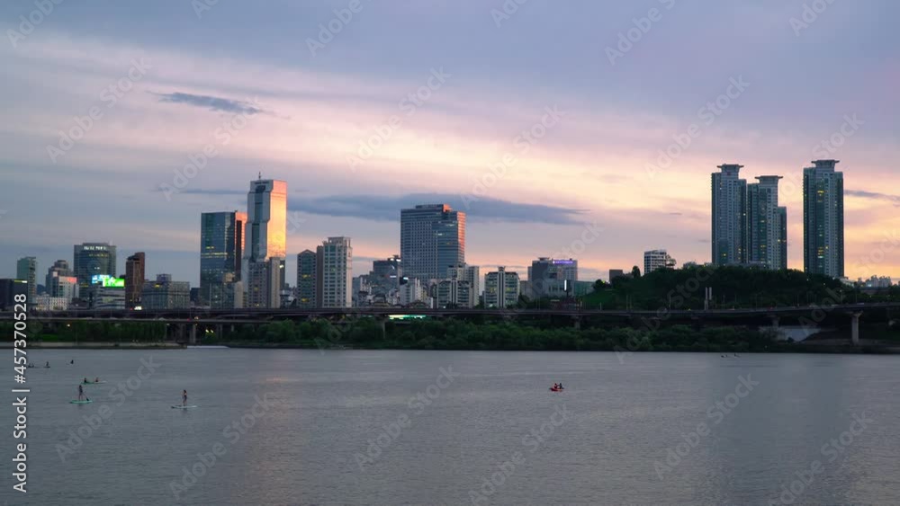 Amazing Colorful Sunset Over Seoul City Panorama, Sunlight Reflecting ...