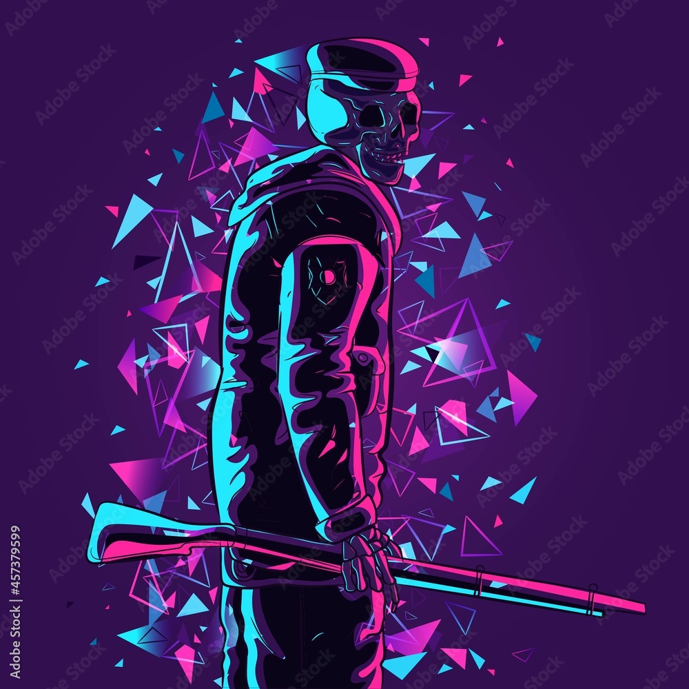 Neon illustration with modern design of a soldier skeleton holding a ...