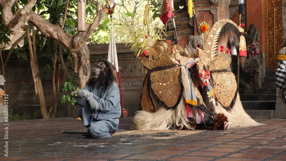 Traditional Indonesian Barong Dance with a lion and a monkey. Balinese ...