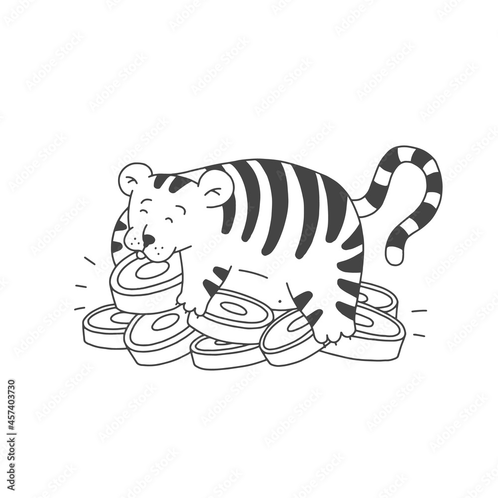 Tiger with money cartoon outline black white cute character. Vector ...