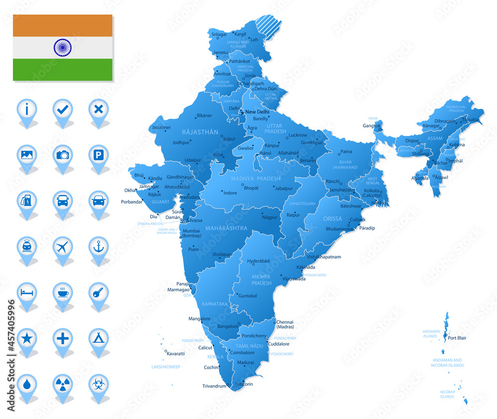 Blue map of India administrative divisions with travel infographic ...