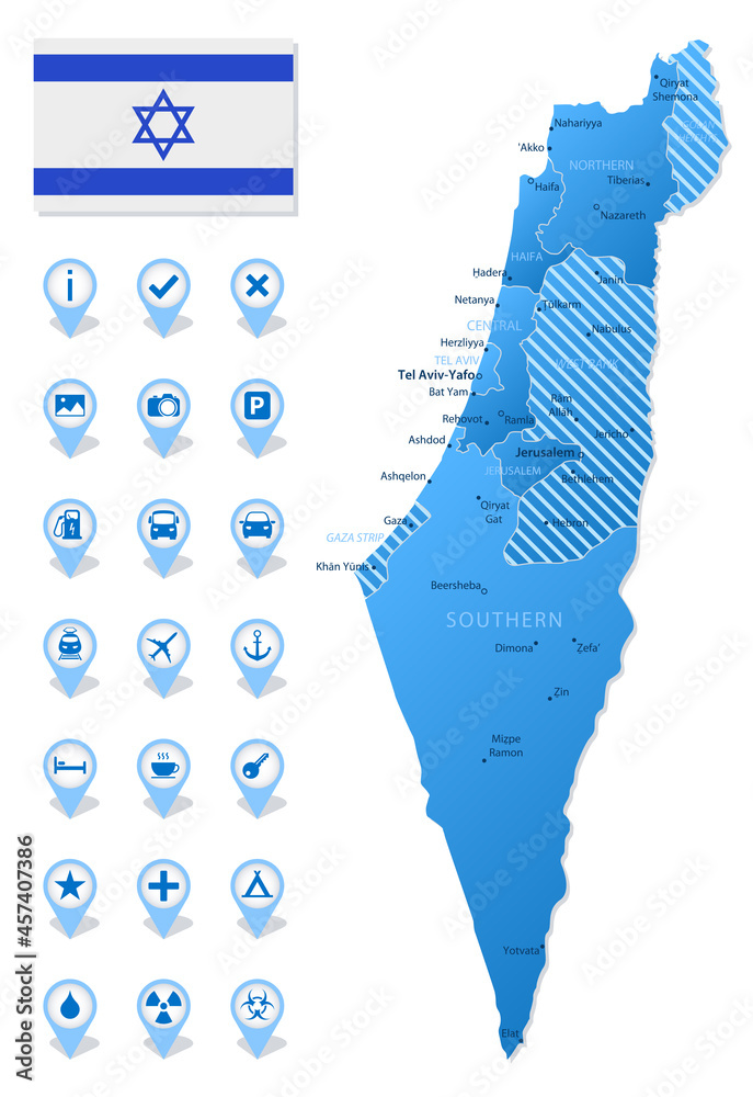 Blue map of Israel administrative divisions with travel infographic ...