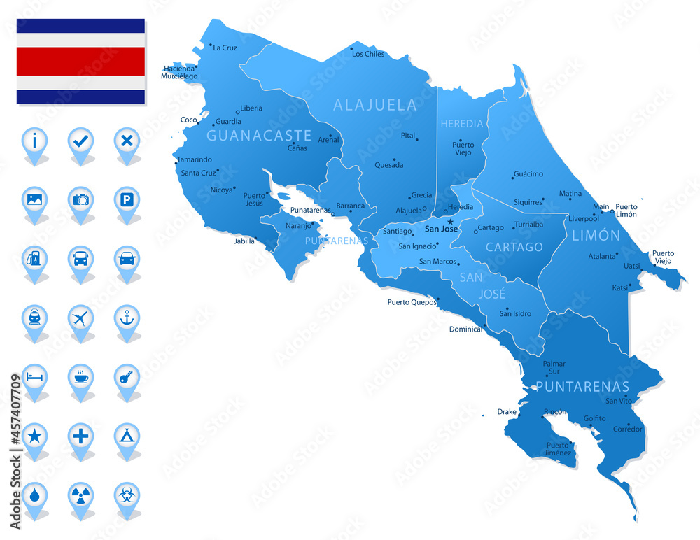 Blue map of Costa Rica administrative divisions with travel infographic ...