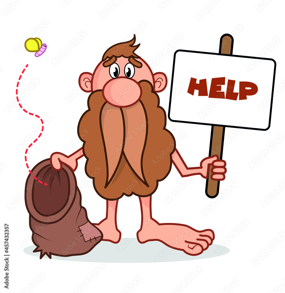 Hombre pobre - Mendigo con larga barba, saco vacío y letrero en la mano ...