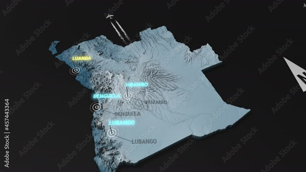 Seamless looping animation of the 3d terrain map at nighttime of Angola ...