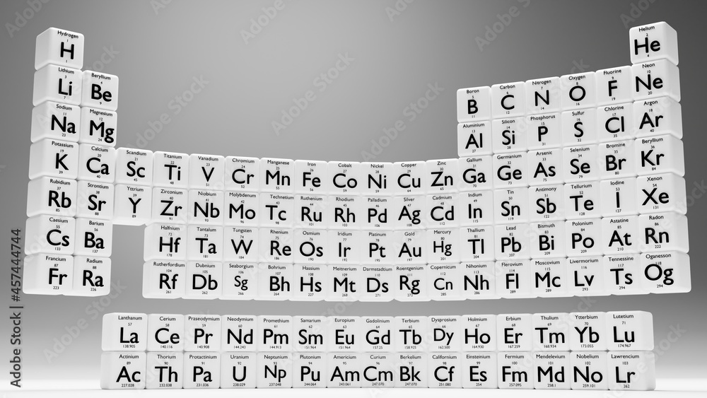 3D illustration of Complete Periodic Table with only white cubes cubes ...
