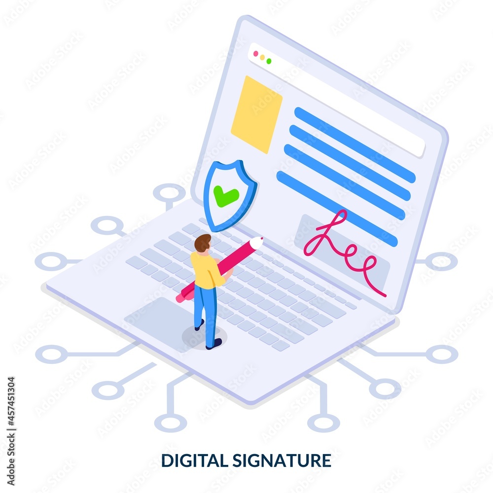 Digital signature concept.Isometric illustration on white background ...