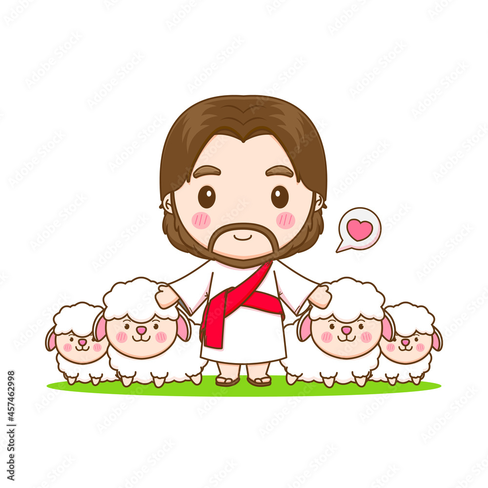 Cute Jesus and the sheep chibi cartoon character Stock Vector | Adobe Stock