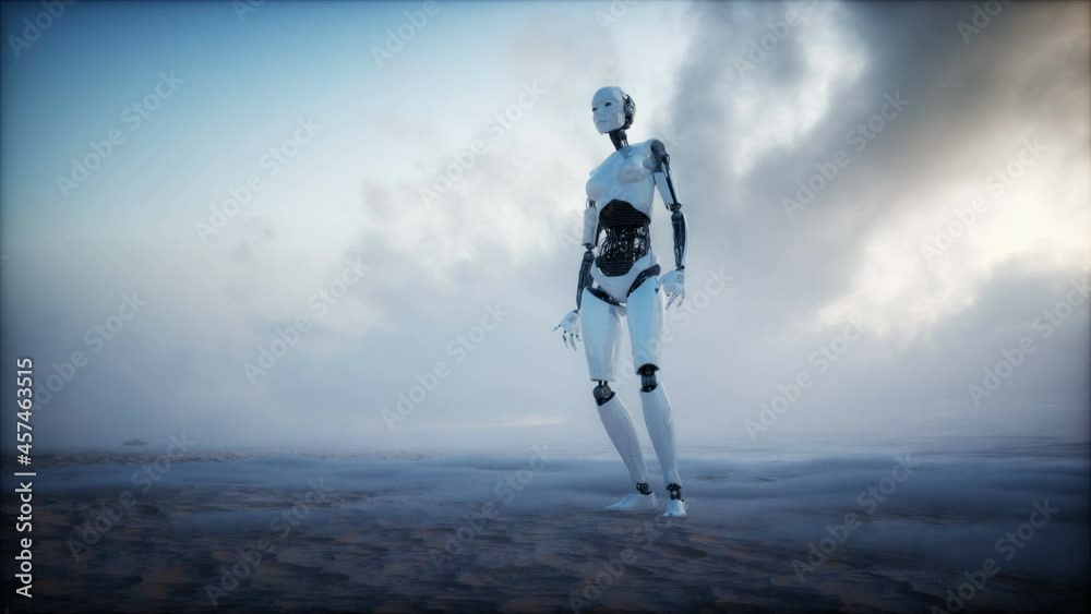 Female robot and futuristic city background. Future concept. Realistic ...