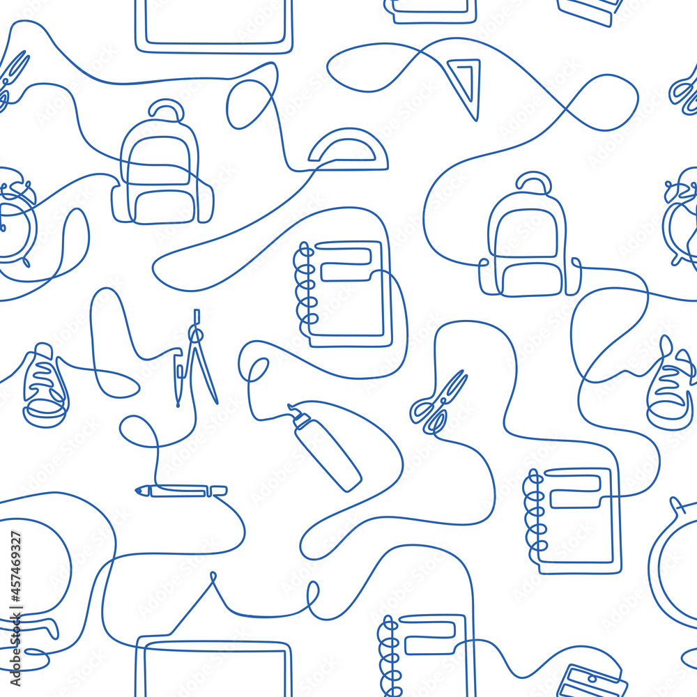 Seamless pattern with back to school theme in Continuous one line style ...
