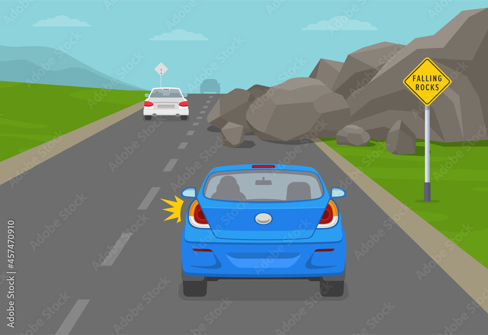 Driving a car. Falling rocks road or traffic sign. Car is about to go ...