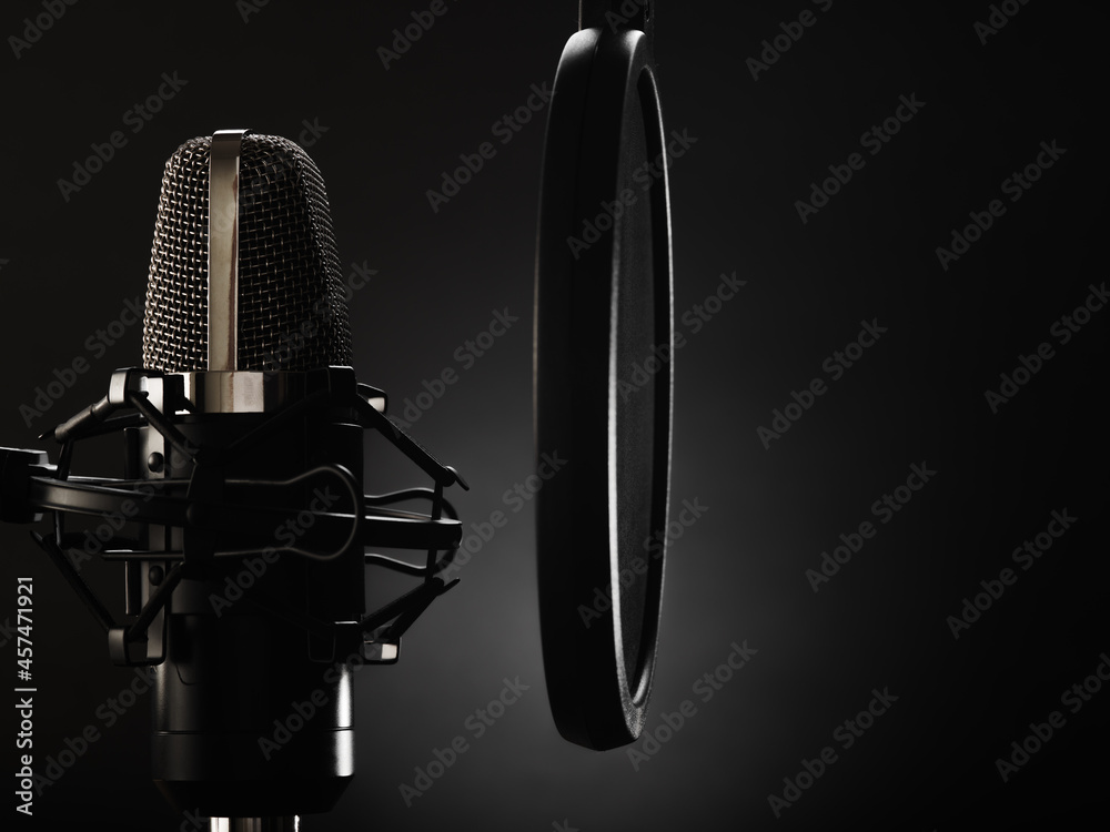 Professional studio microphone and pop filter. Dark gray background ...