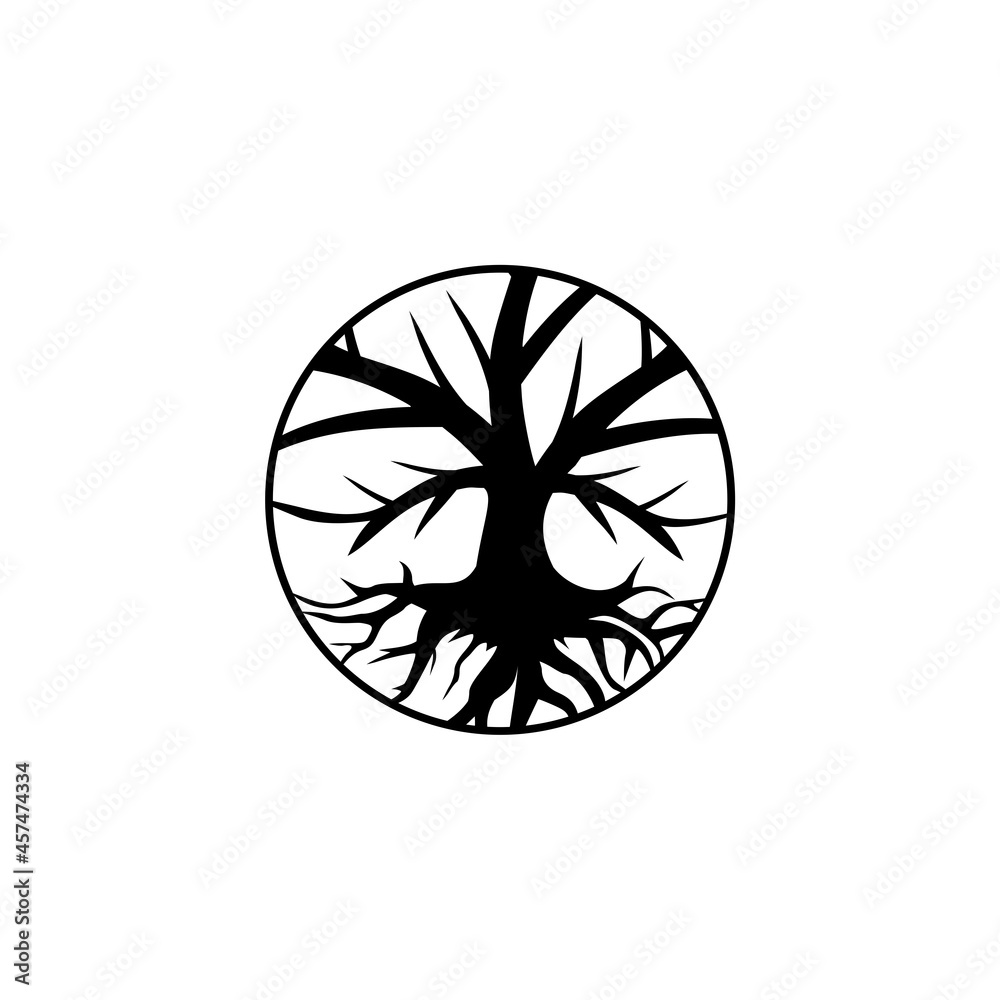 Round tree with roots and branches icon isolated on white background ...