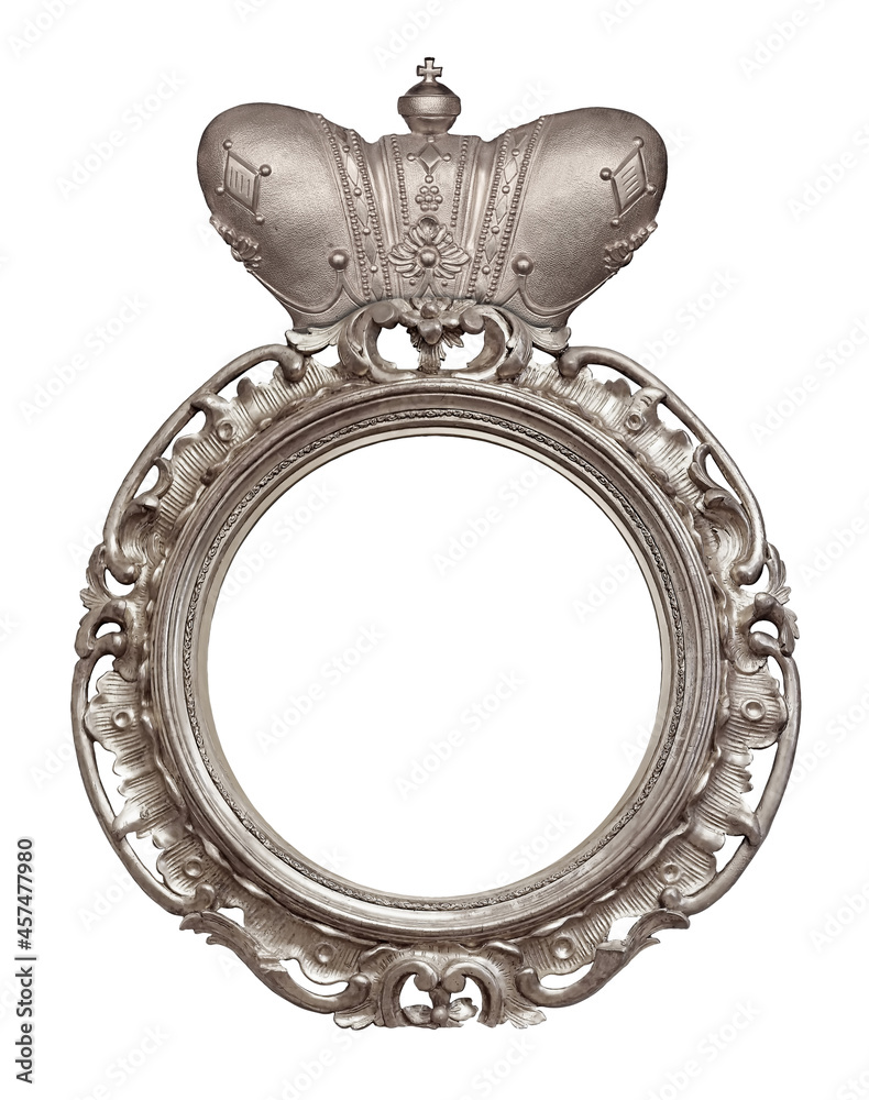 Round silver frame with a crown for paintings, mirrors or photo ...
