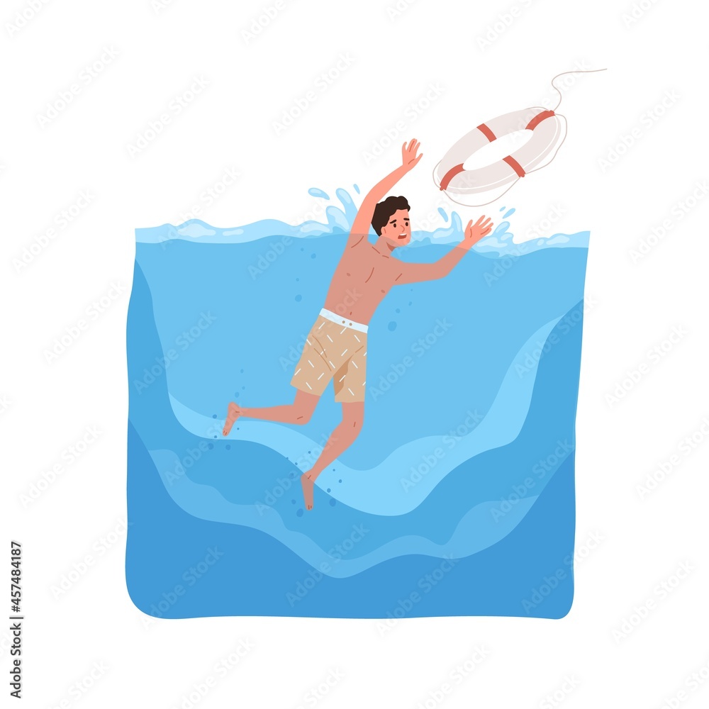 Kid sinking in sea, catching lifebuoy with hands to survive in water ...