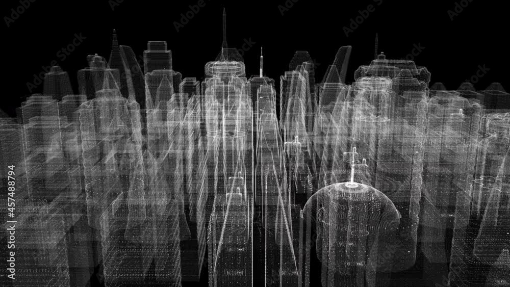 Futuristic 3d rendering of rotating holographic city digitally ...