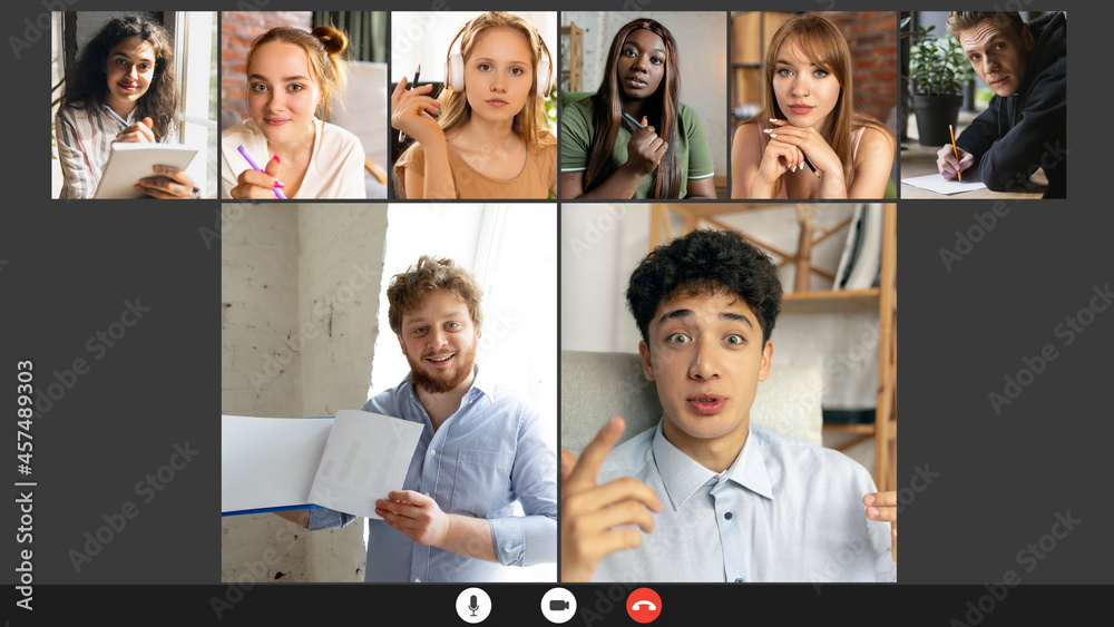 Remote education. Team working, students at online lesson, class via ...