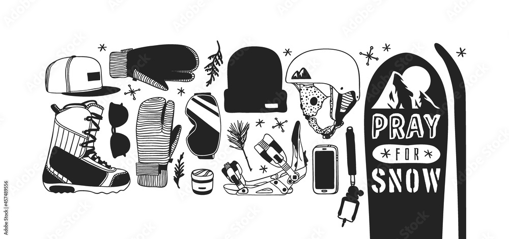 Hand drawn Fashion Illustration Snowboarding Things and text. Creative ...