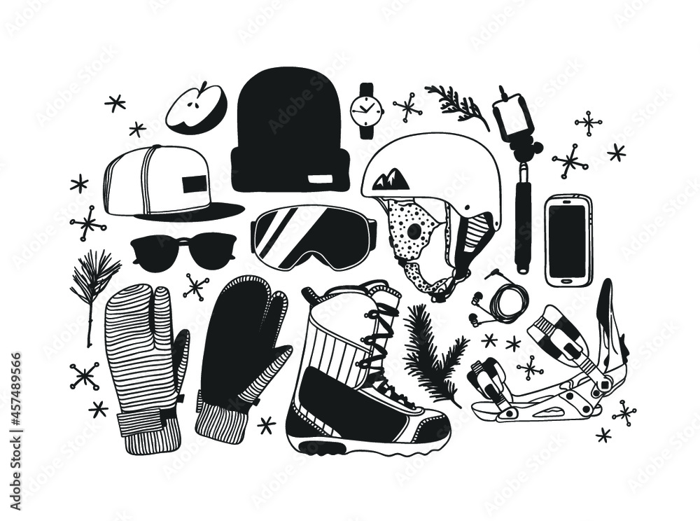Hand drawn Fashion Illustration Snowboarding Things and text. Creative ...