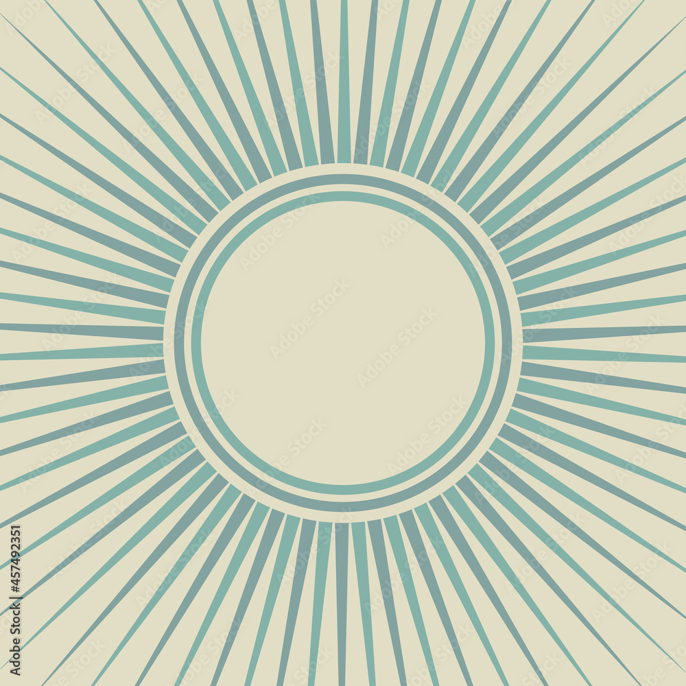 Sunlight retro background with vintage round frame for text. Blue and ...