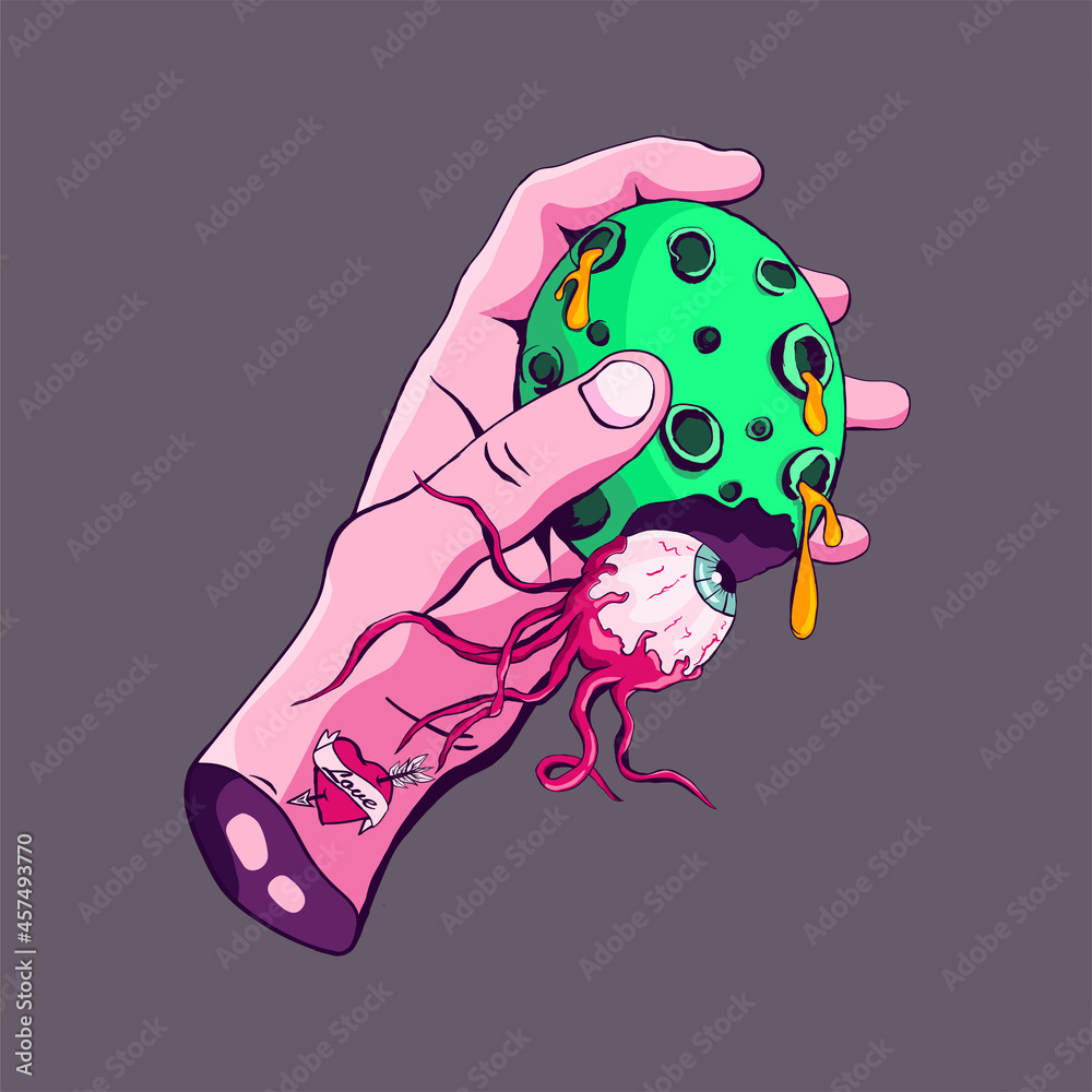 Alien Eye Creature and Cracked Egg in Hand with Goo Surreal Art Cartoon ...