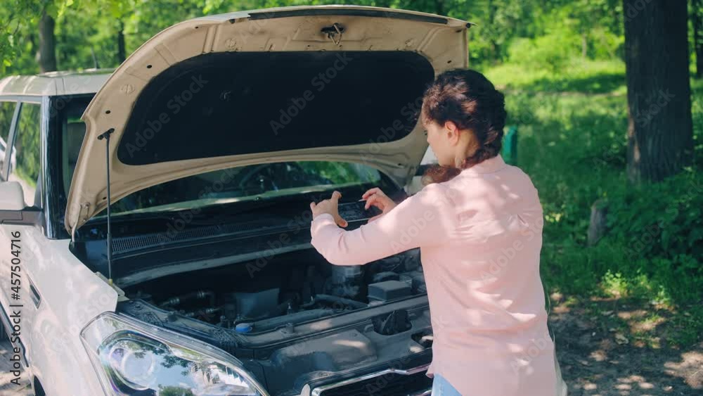 Pretty woman taking photo of car engine by phone, vehicle breakdown on ...