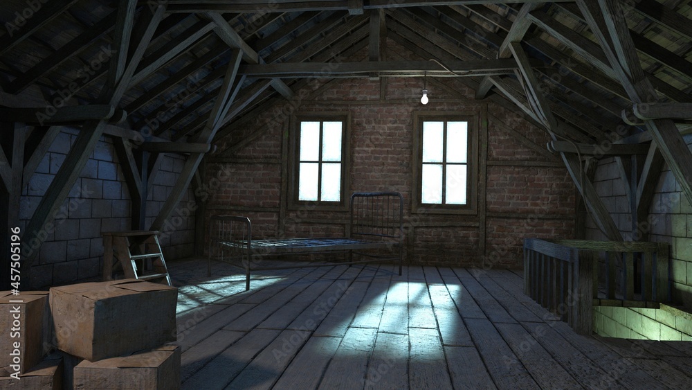 An old abandoned attic with dusty windows. A classic scene from a ...
