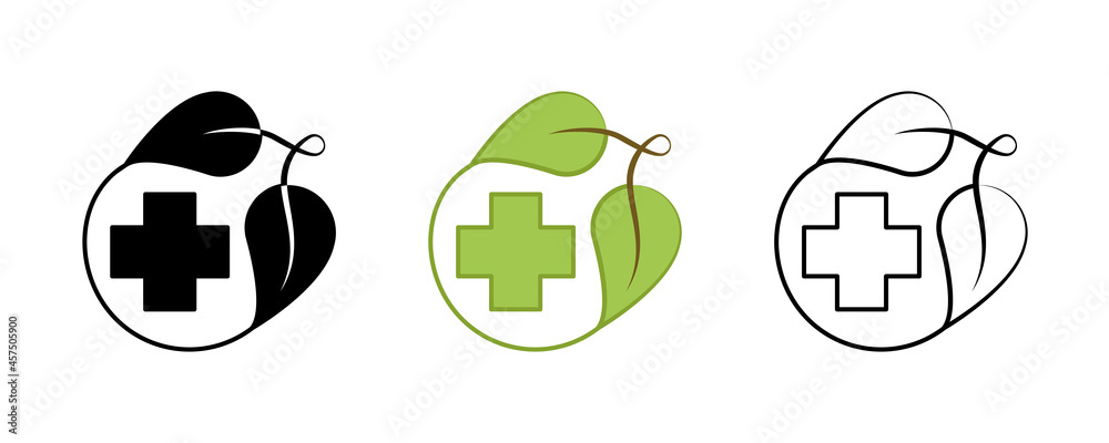 Creative health plus sign and leaf icon set. Contains Symbols such as ...
