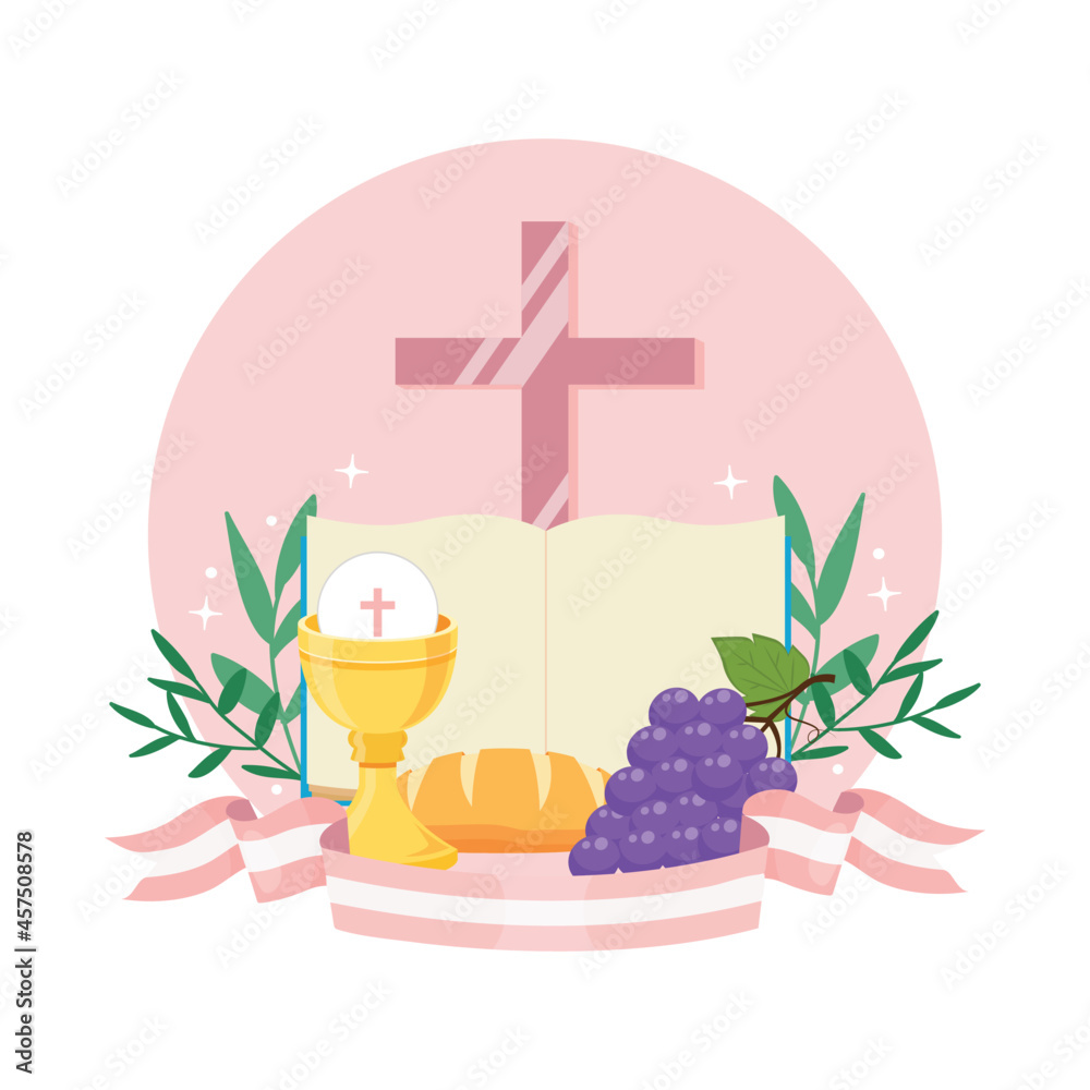 Holy bible and chalice with host for first communion. Flat vector ...
