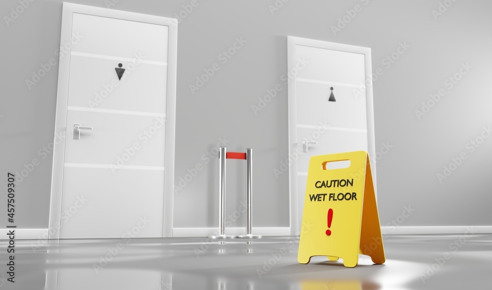 Public toilet doors for women and men with yellow sign caution wet ...