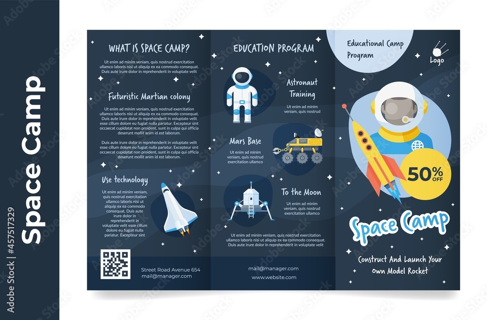 Educational space camp booklet trifold with spaceman shuttle vector ...