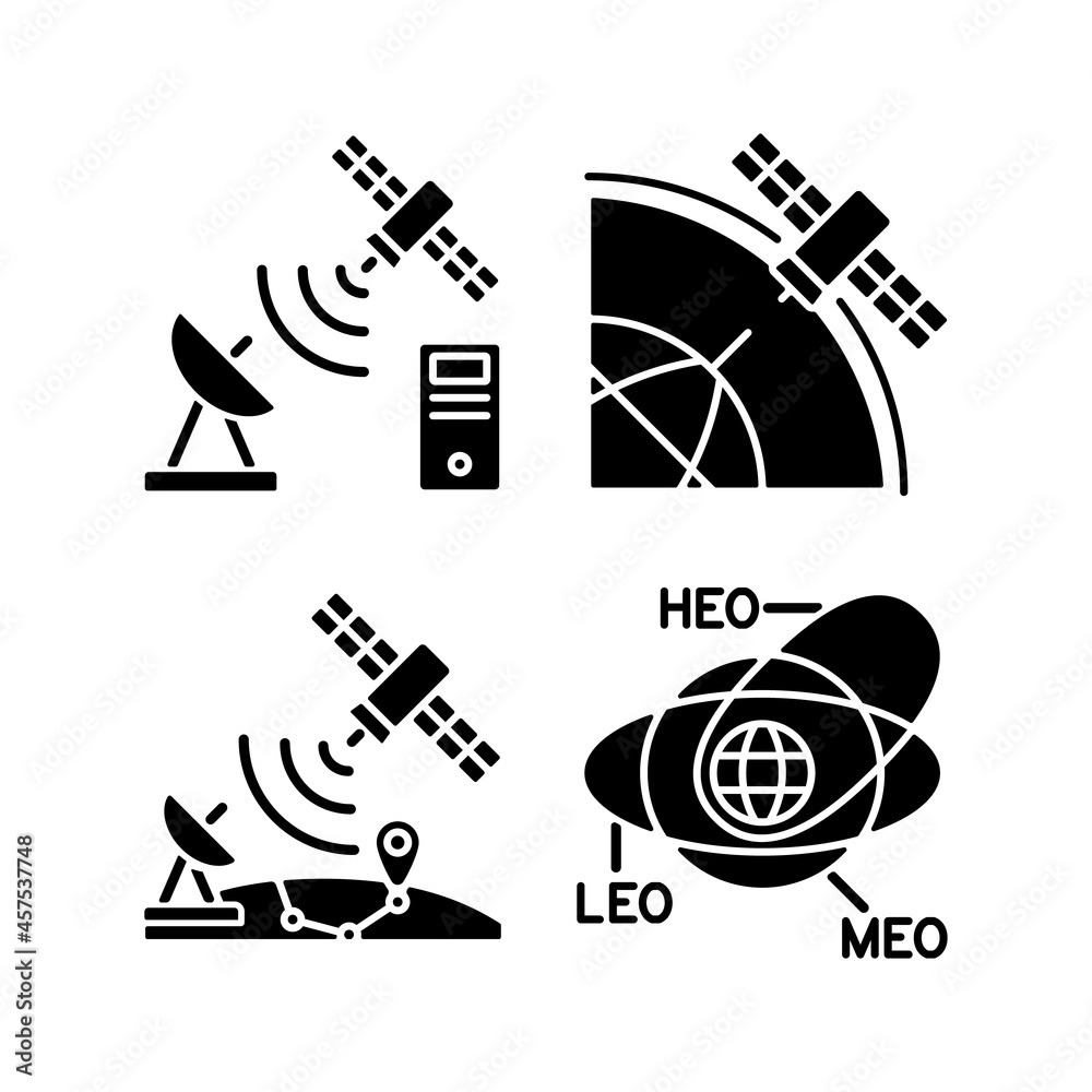 Satellite radionavigation black glyph icons set on white space ...