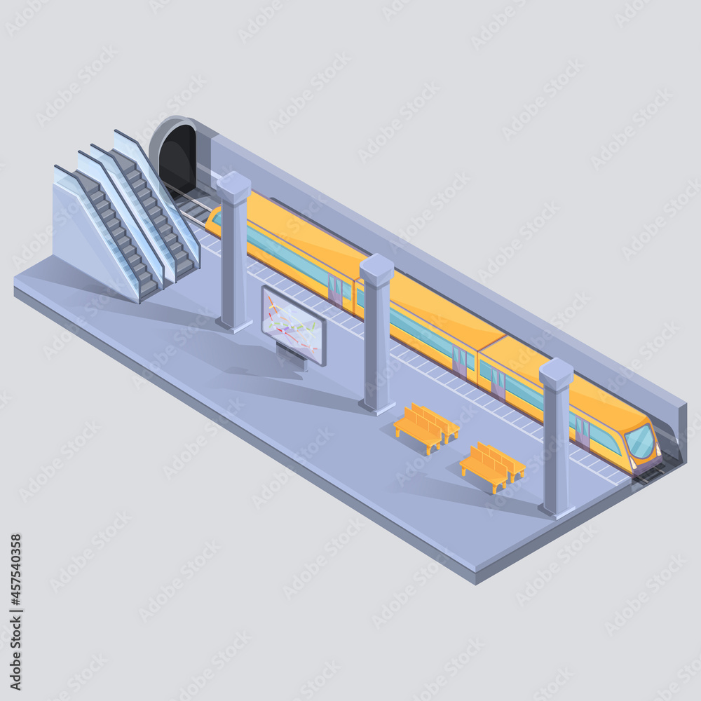 cartoon isometric metro station with train at stop, vector illustration ...