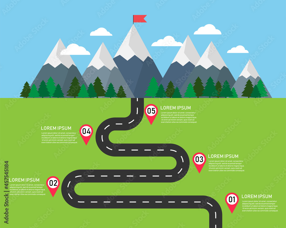 path infographic on top mountain. 5 options point template. Winding ...