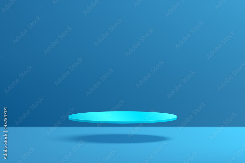 Pastel blue geometric pedestal podium floating on air in empty dark ...