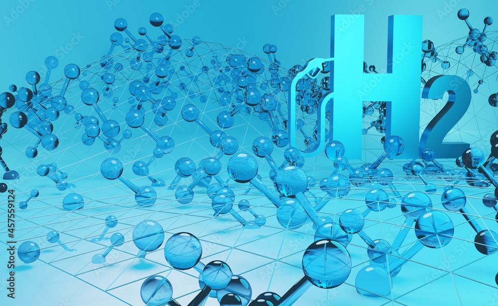 Hydrogen gas, the fuel of the future. The staging on a blue background ...