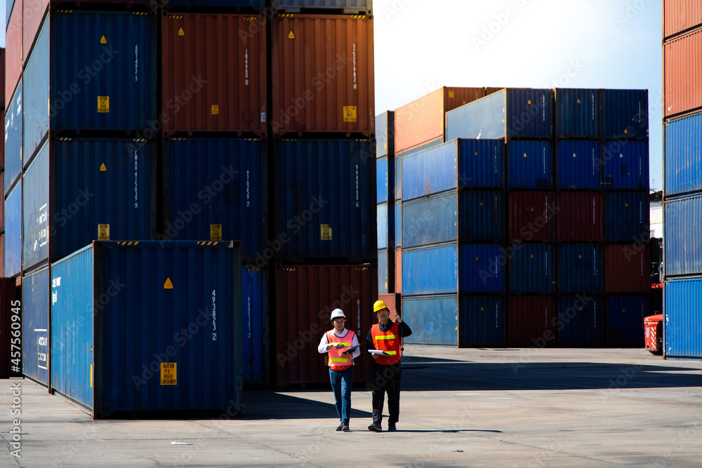 Marine and carrier insurance concept. Two harbor man working at ...