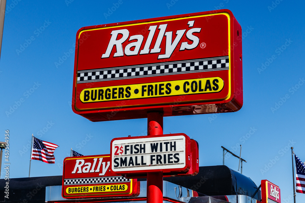 Rally's Drive Thru fast food restaurant. Rally's is the sister of ...