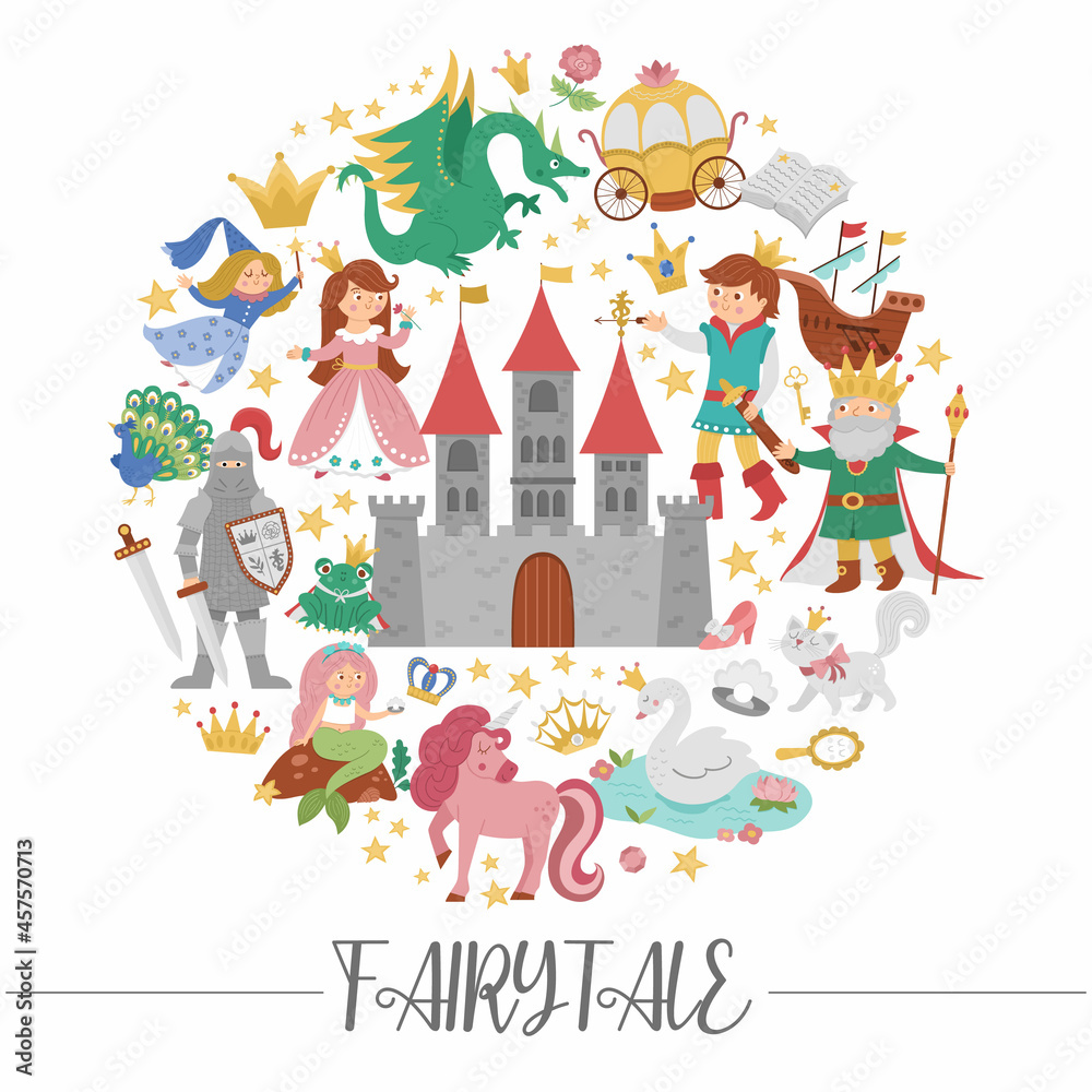 Vector round frame with fairy tale characters, objects. Fairytale card ...