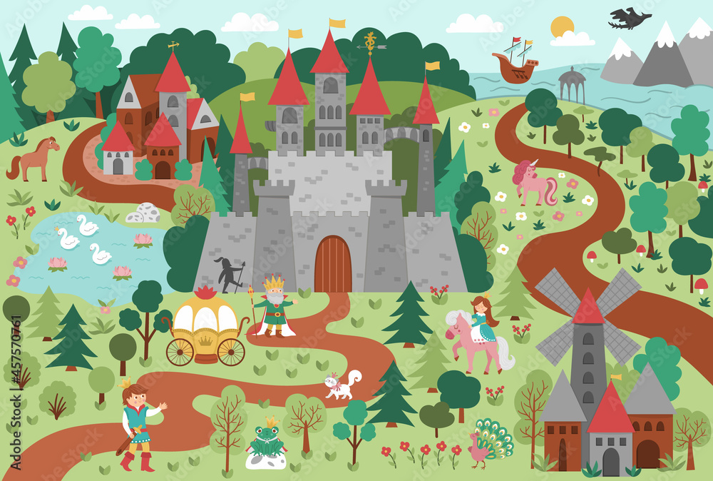 Vector Fairytale Kingdom Illustration Fantasy Castle And Characters