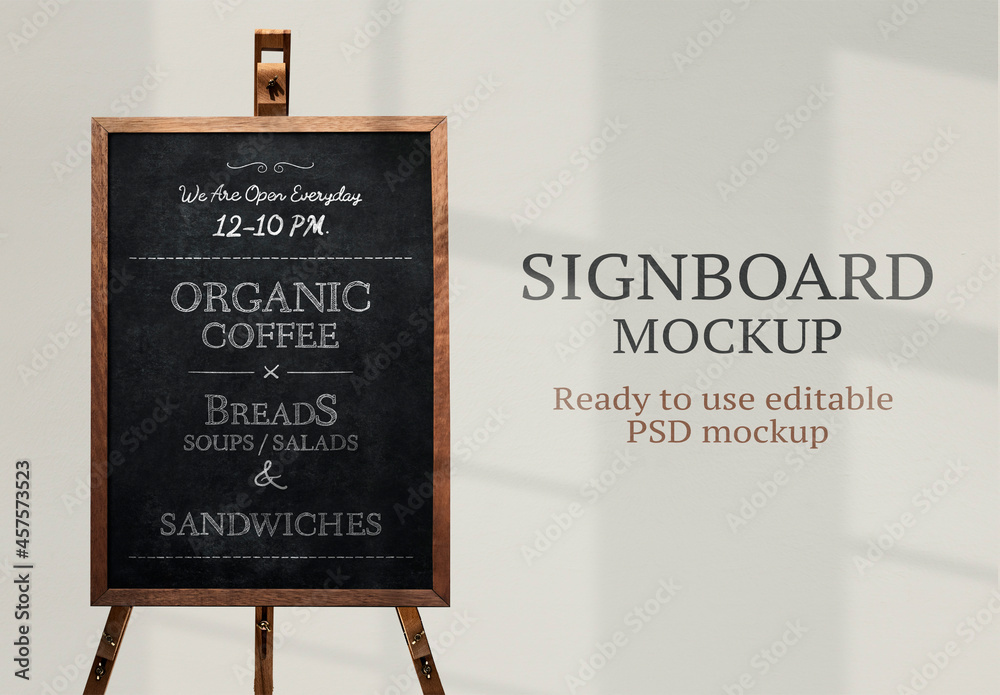 Signboard Mockup with Wooden Stand Stock Template | Adobe Stock