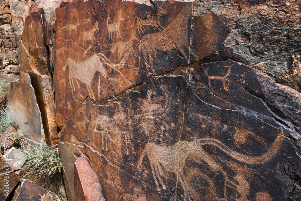Ancient cave paintings on rocks. Bronze Age, Iron Age and Middle Age ...