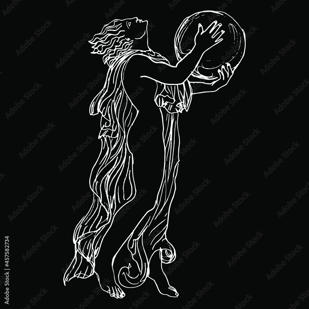 Ancient Greek or Roman dancer with tambourine. Hand drawn linear doodle ...