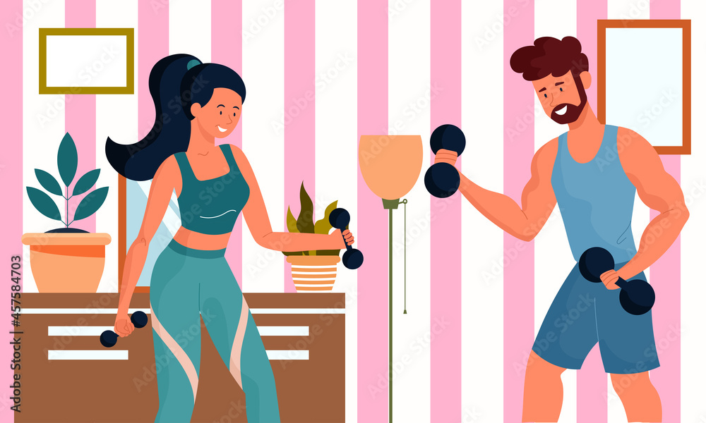 Man and woman work out at home. Exercises with dumbbells, training ...