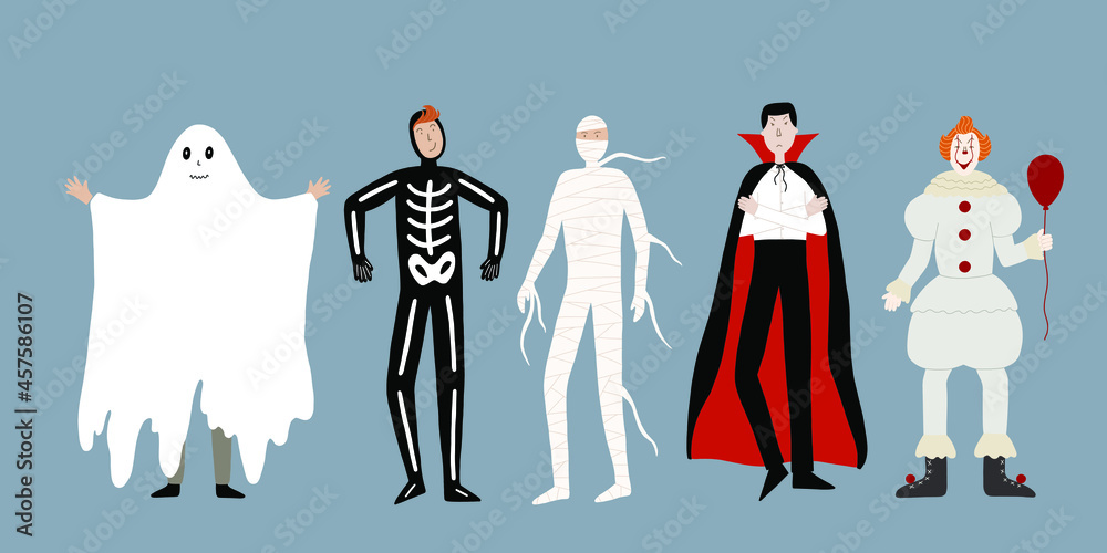 Set of different Halloween party costumes - ghost, skeleton, dracula ...