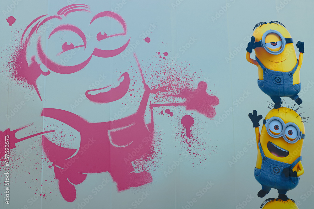 OSAKA, JAPAN - Oct 13, 2020 : Close up of HAPPY MINIONS wall art in ...