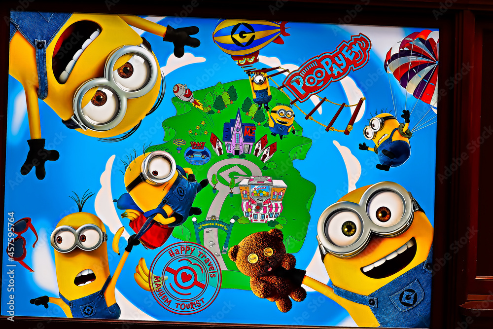 OSAKA, JAPAN - Oct 13, 2020 : Close up of HAPPY MINIONS wall art in ...