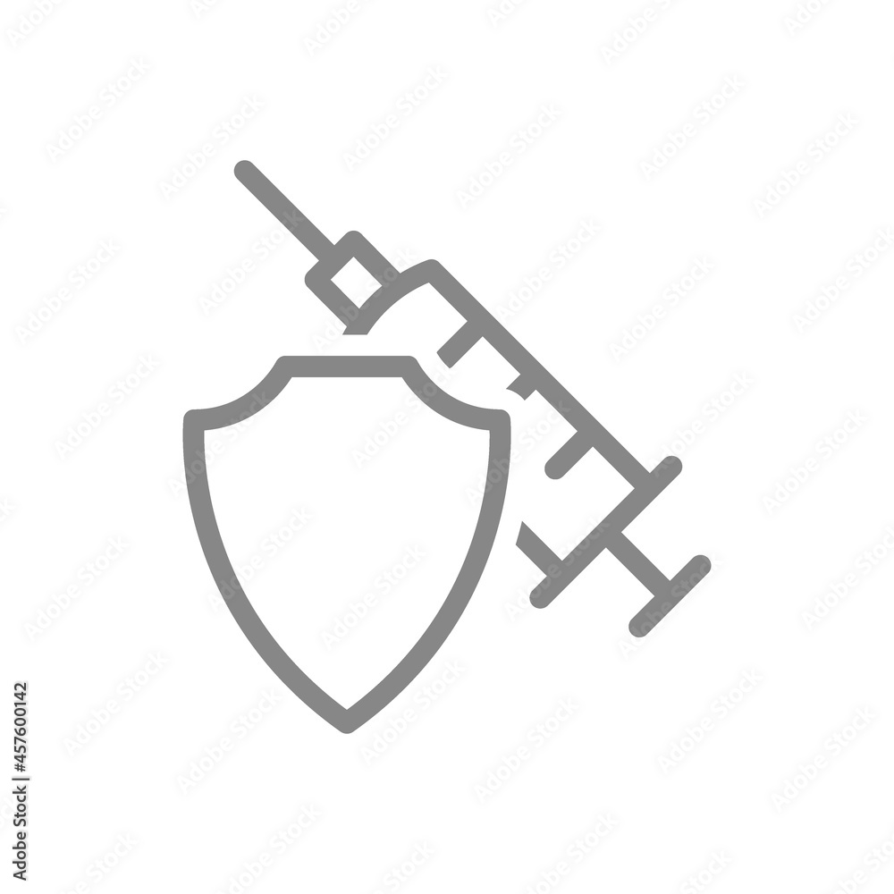 Medical syringe and shield line icon. Vaccination of the population ...